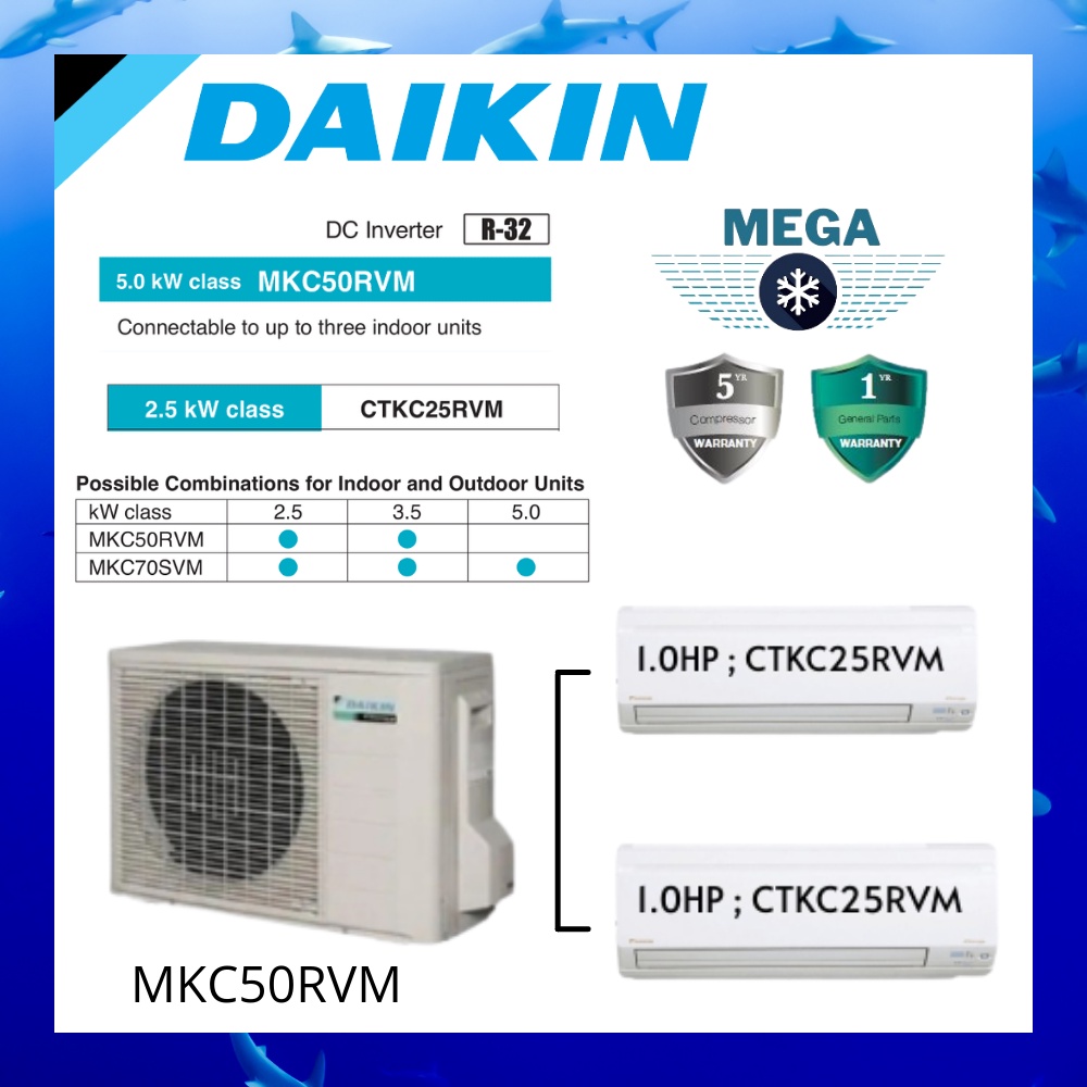 DAIKIN MULTI-SPLIT AIR COND R32 INVERTER [OUTDOOR MKC50RVM 2.0HP] + [2 ...