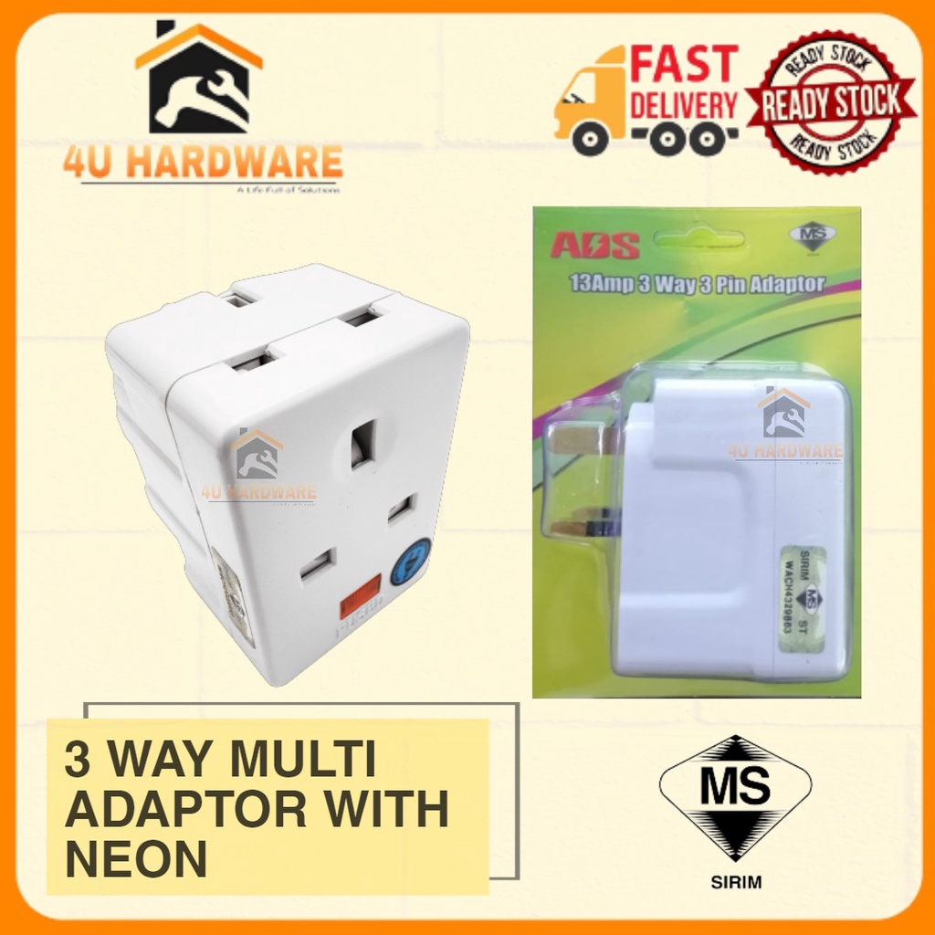 3 Way Multi Adaptor / 3 Pin Adaptor with Neon [Sirim Approved] | Shopee ...