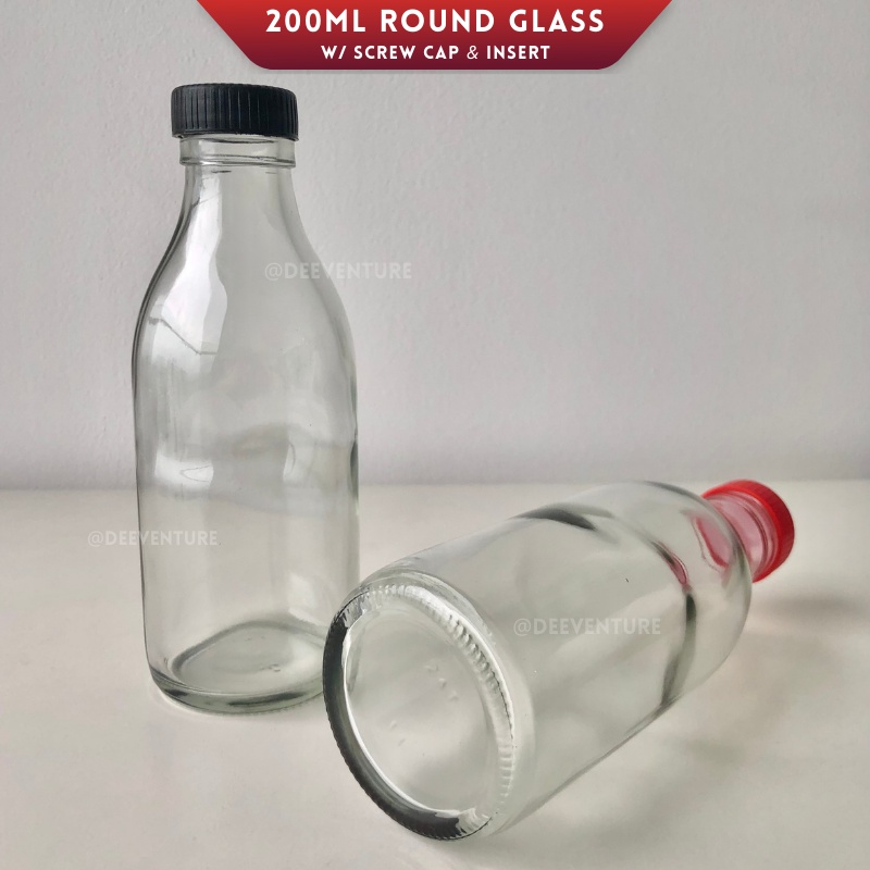 200ml Round Glass Bottle with Cap and Insert for drinks and beverages ...