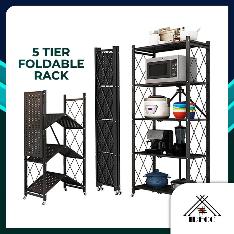 iDECO 5 Tier Foldable Storage Rack With Wheel For Living Room Bedroom ...