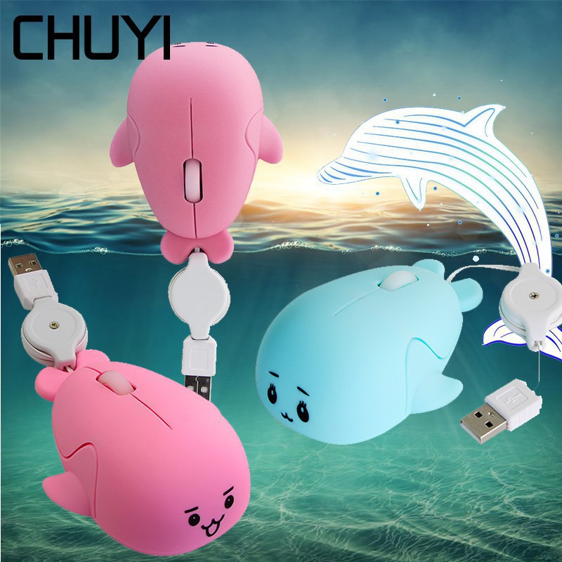 Silent Wired Mouse Cute Cartoon Optical Dolphin Retractable Line Mouse ...