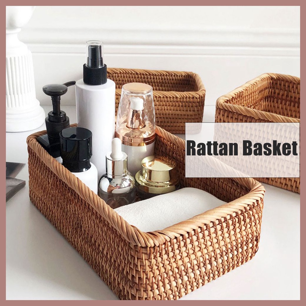 Hand-Woven Rattan Wicker Basket Rectangular Bakul Rotan Bread Dessert ...
