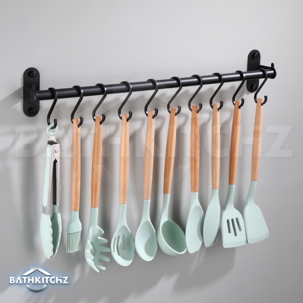 10/12 Hooks Rail Kitchen Wall Mounted Hanging Shelf Rack Storage Tempat ...