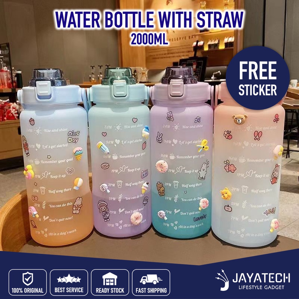 2000ML WATER BOTTLE WITH STRAW FREE STICKER PLASTIC BOTTLE WATER TRAVEL ...