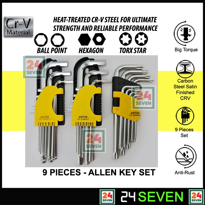 ANTON CRV 9pcs Allen Key Set Hex Key Allen Key Ball Point Allen Key ...