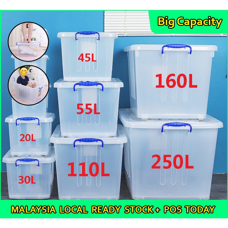 (250L) Super Large Storage Container Clear Box With Wheel Kotak ...