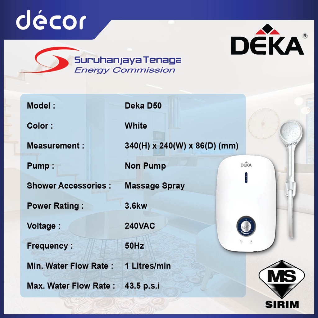 DEKA Water Heater DEKA D50 Non Pump Instant Heat Shower Heater White ...