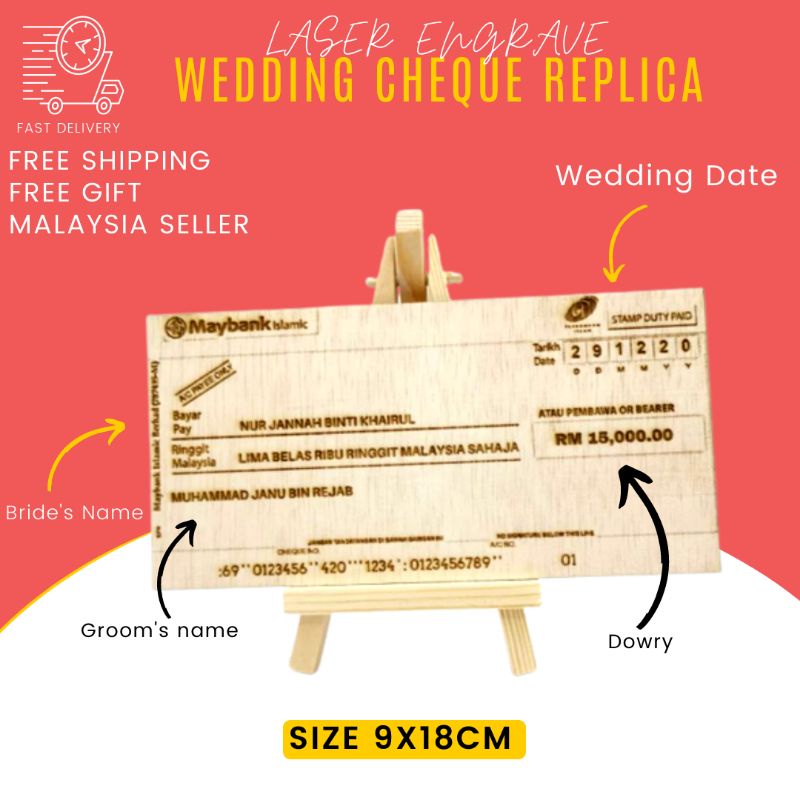 Replika kayu cek hantaran / wooden cheque laser engrave | Shopee Malaysia