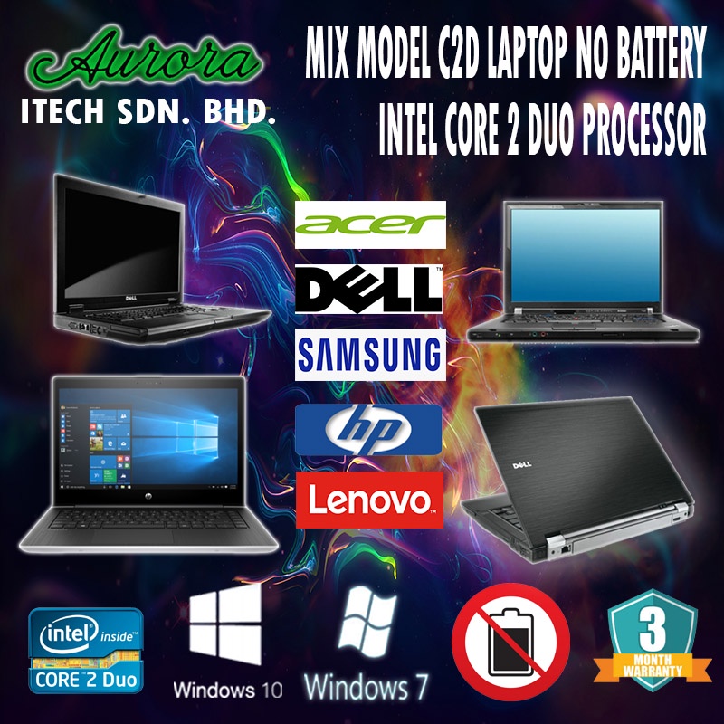 ( REFURBISHED & NO BATTERY ) Core 2 Duo LAPTOP / NOTEBOOK DELL HP LENOVO TOSHIBA / DDR2 2GB RAM ...