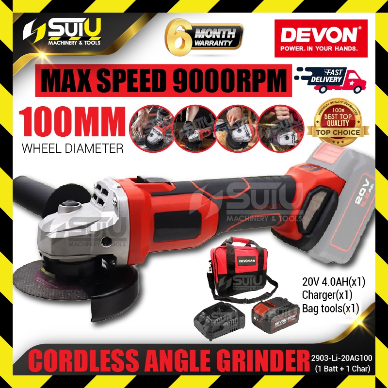 DEVON 2903-LI-20AG100 20V 4" Brushless Cordless Angle Grinder 9000RPM ...