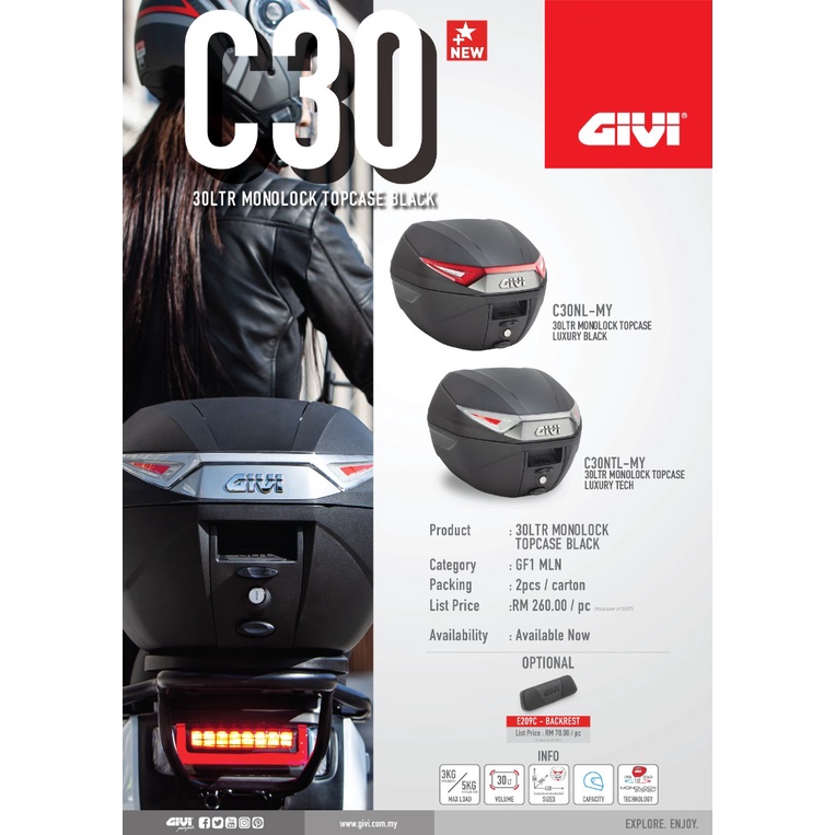 GIVI BOX C30 MONOLOCK TOPCASE BLACK -30 LITER | Shopee Malaysia
