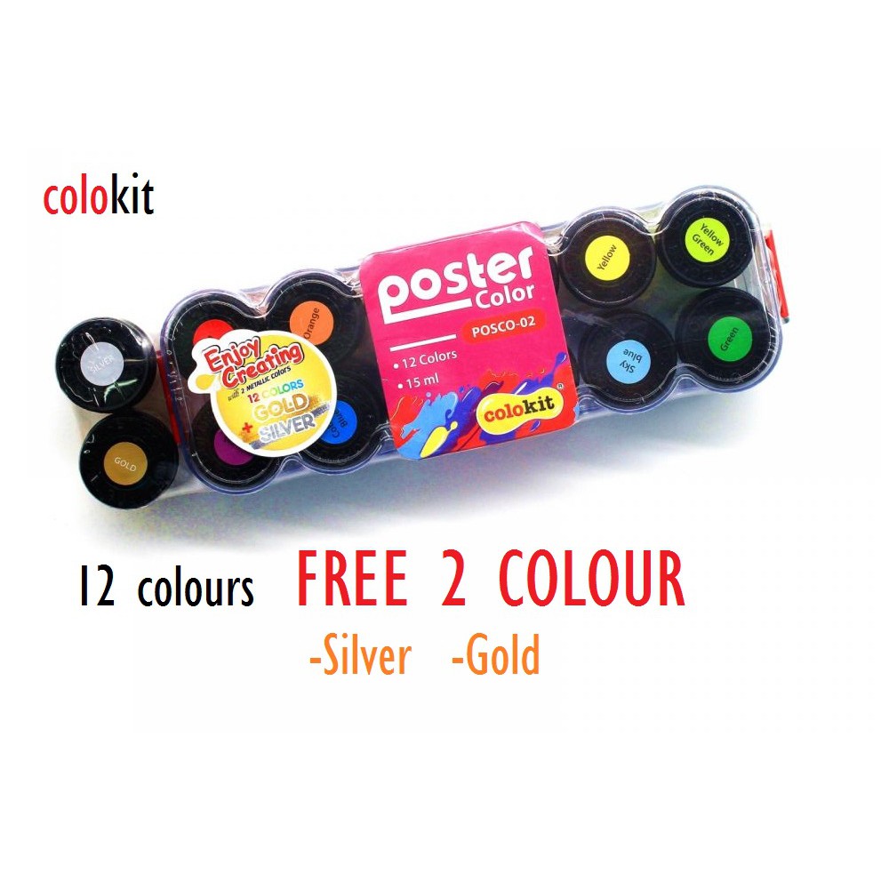 Flexoffice Colokit Poster Colours 15ml 12+2 Colours (Free Gold / Silver ...