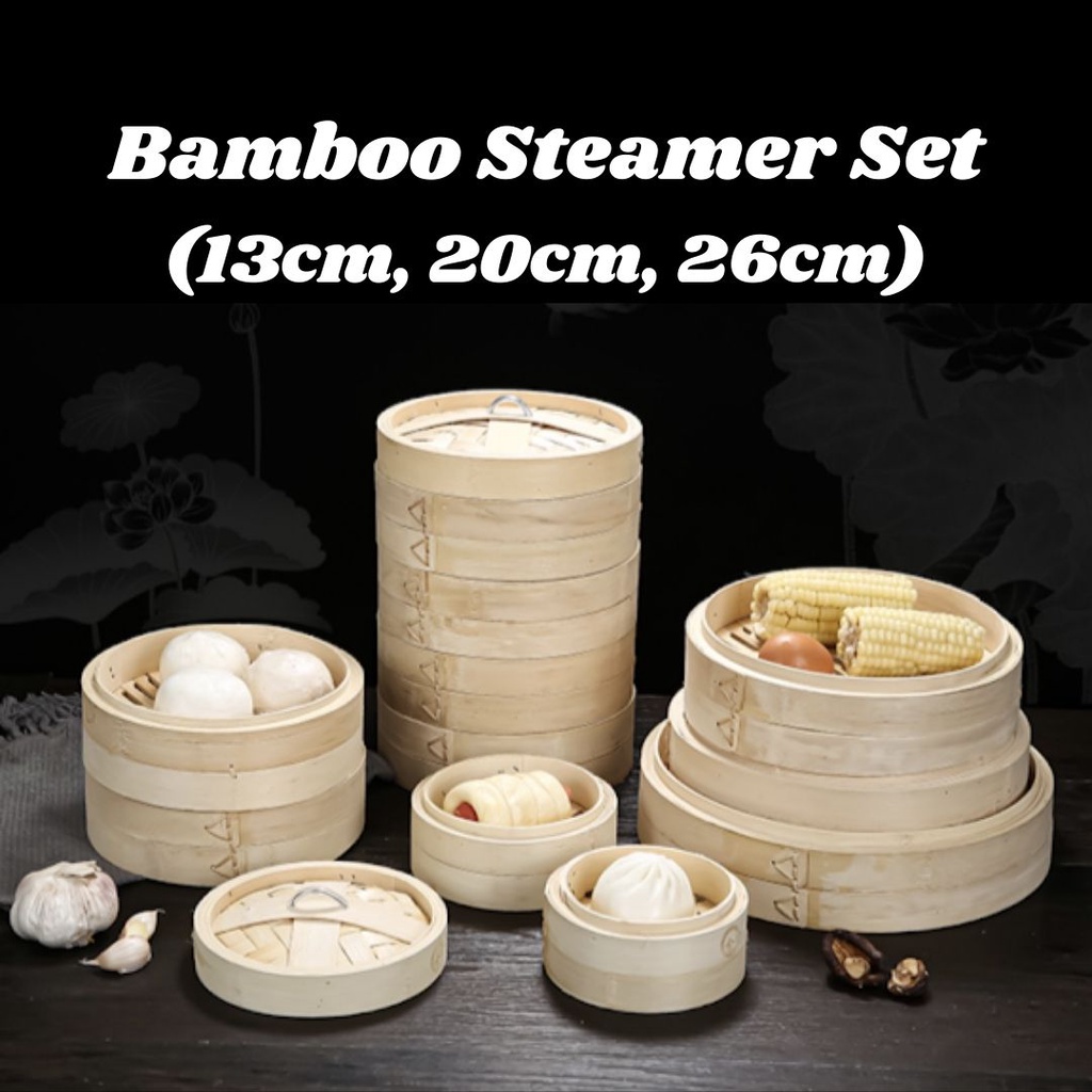 2-Tier Bamboo Steamer with Lid/ Dimsum & Pau Steamer (13cm, 20cm, 26cm ...