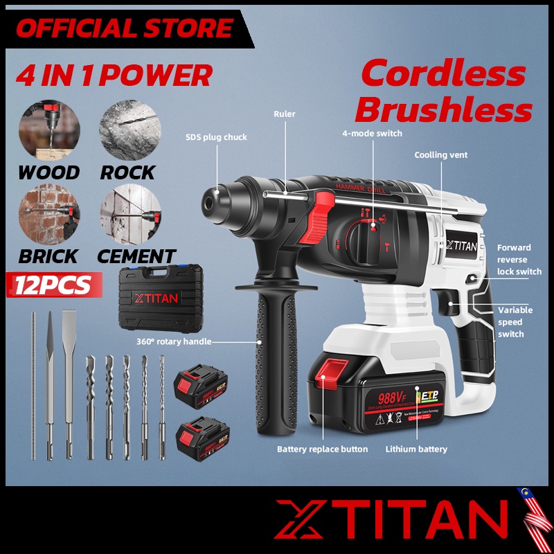 Xtitan 988vf Brushless Hammer Drill Cordless Rotary Hammer Drill Heavy