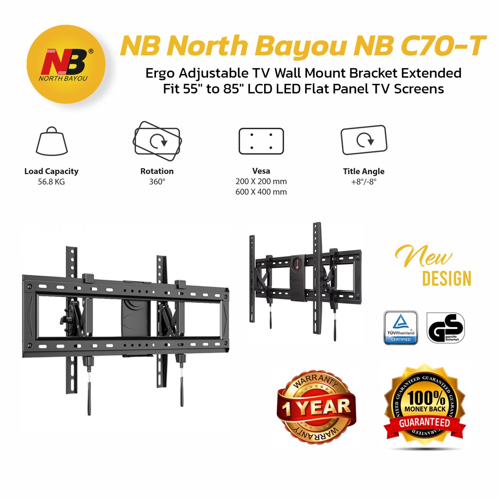 NB North Bayou C70-T Ergo Adjustable TV Wall Mount Bracket Extended Fit ...