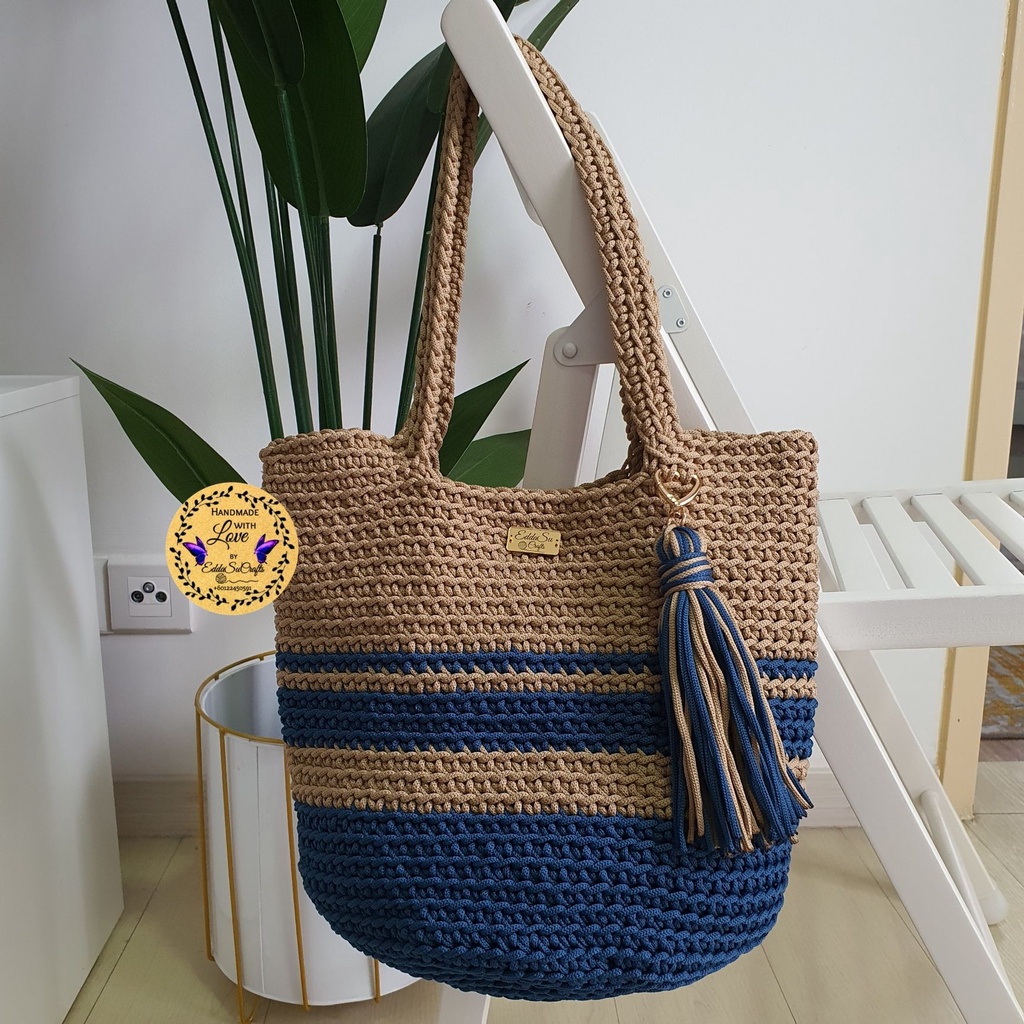 Tote Bag Crochet Navy Blue + Khaki Brown Handmade | Shopee Malaysia