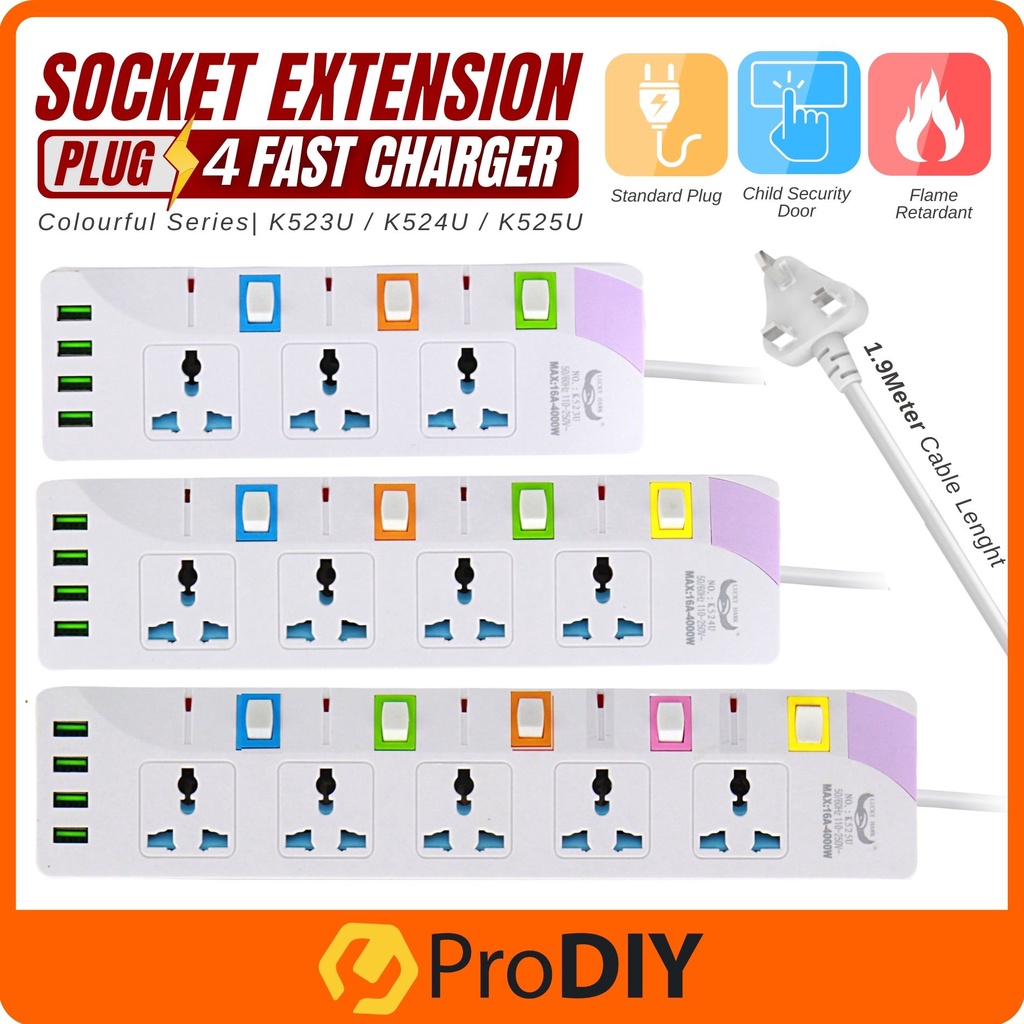 Extension Trailing Socket 4 USB Charging 3 / 4 / 5 Universal Plug ...