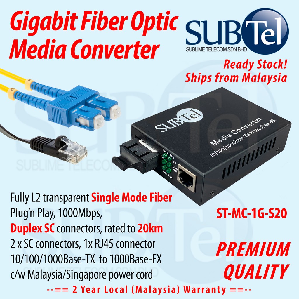 Subtel st-mc-1g-s20 gigabit fiber optic media converter 20km duplex sc ...