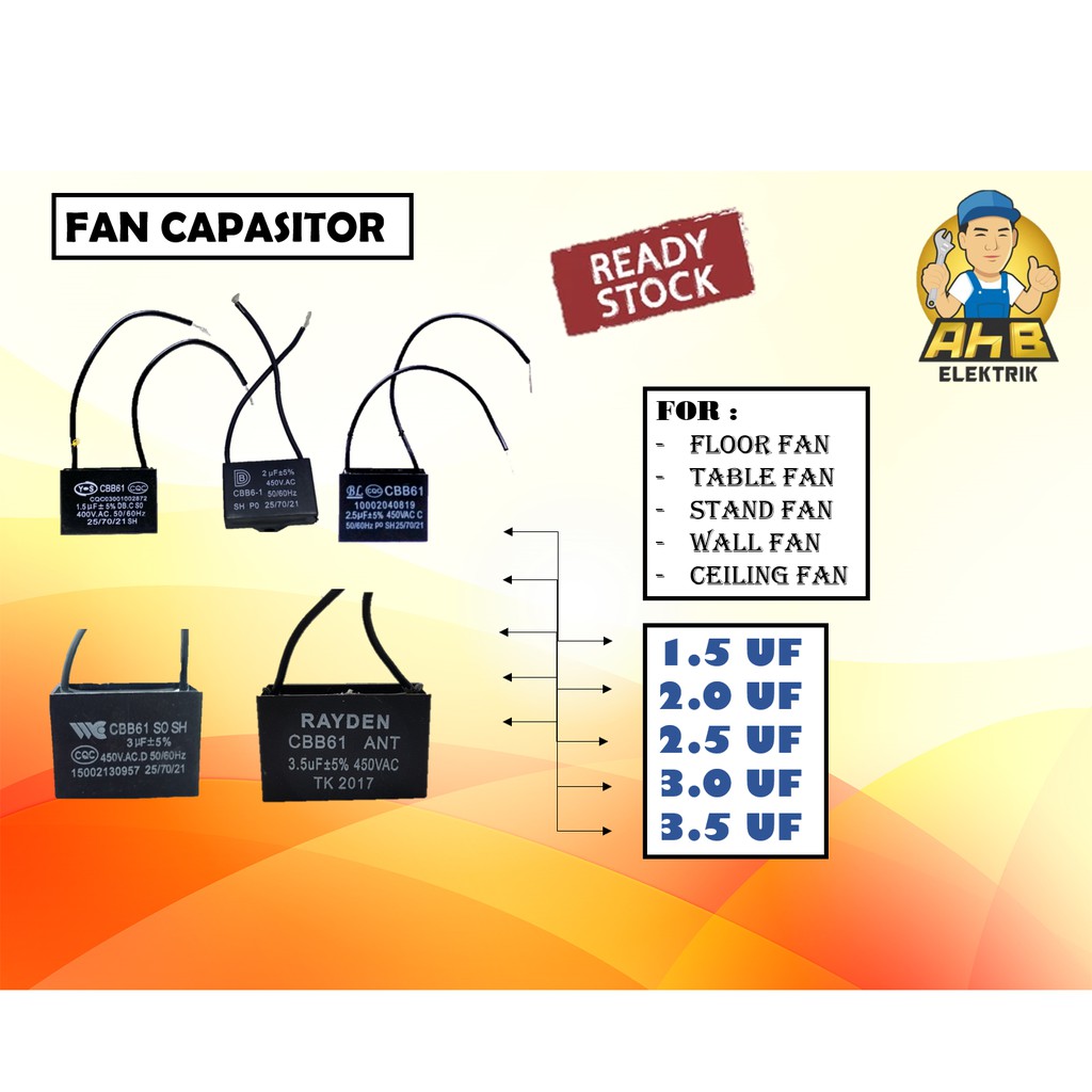 FAN CAPASITOR MOTOR / KAPASITOR KIPAS 1.5uf, 2.0uf, 2.5uf, 3.0uf, 3.5uf ...