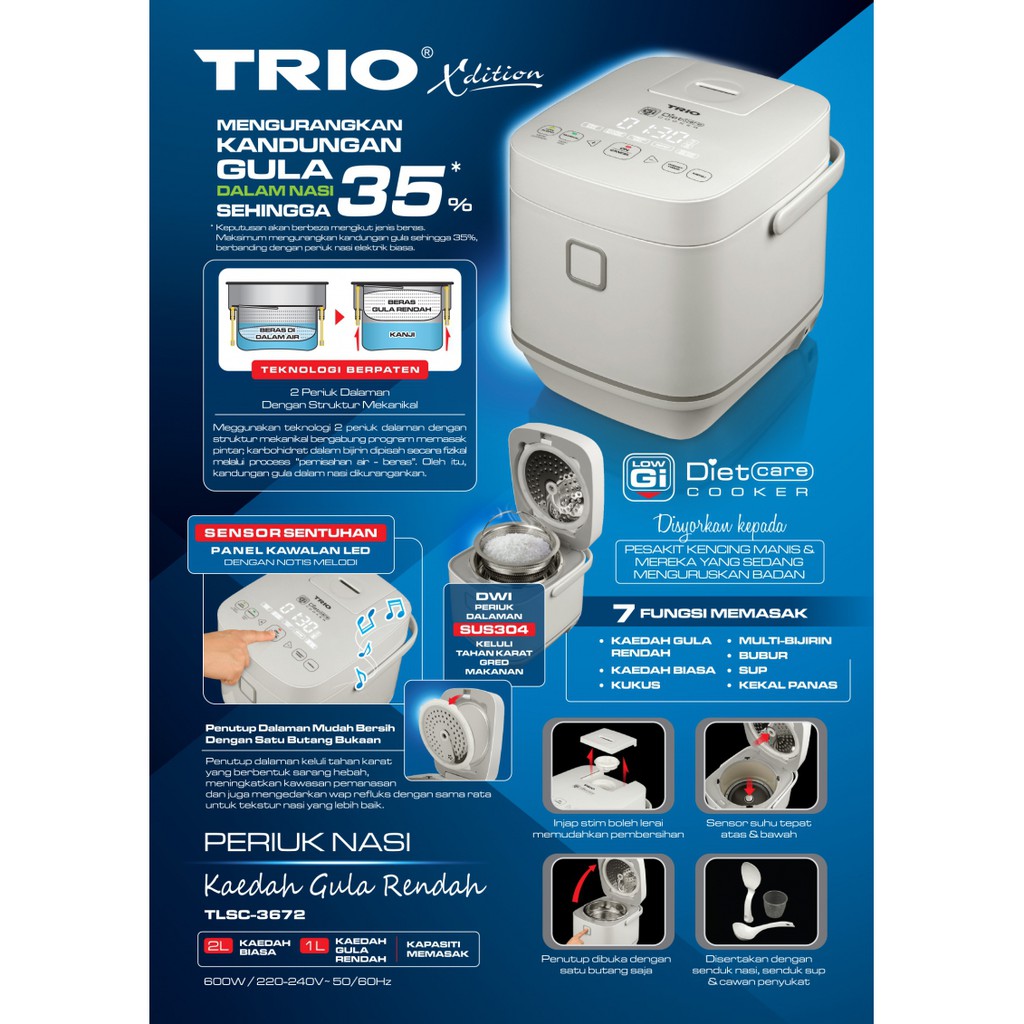 TRIO LOW SUGAR RICE COOKER TLSC-3672 [WHITE] | Shopee Malaysia
