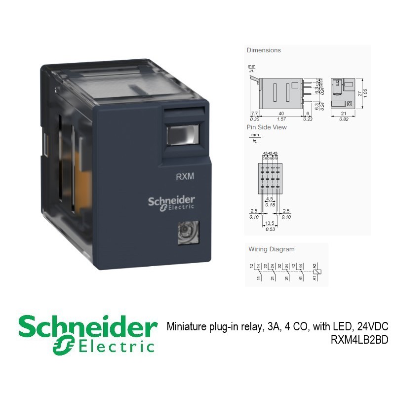 SCHNEIDER ELECTRIC | Zelio Relay RXM Minature Relay with LED 4 C/O 24VDC 3A plus RXZ Relay ...