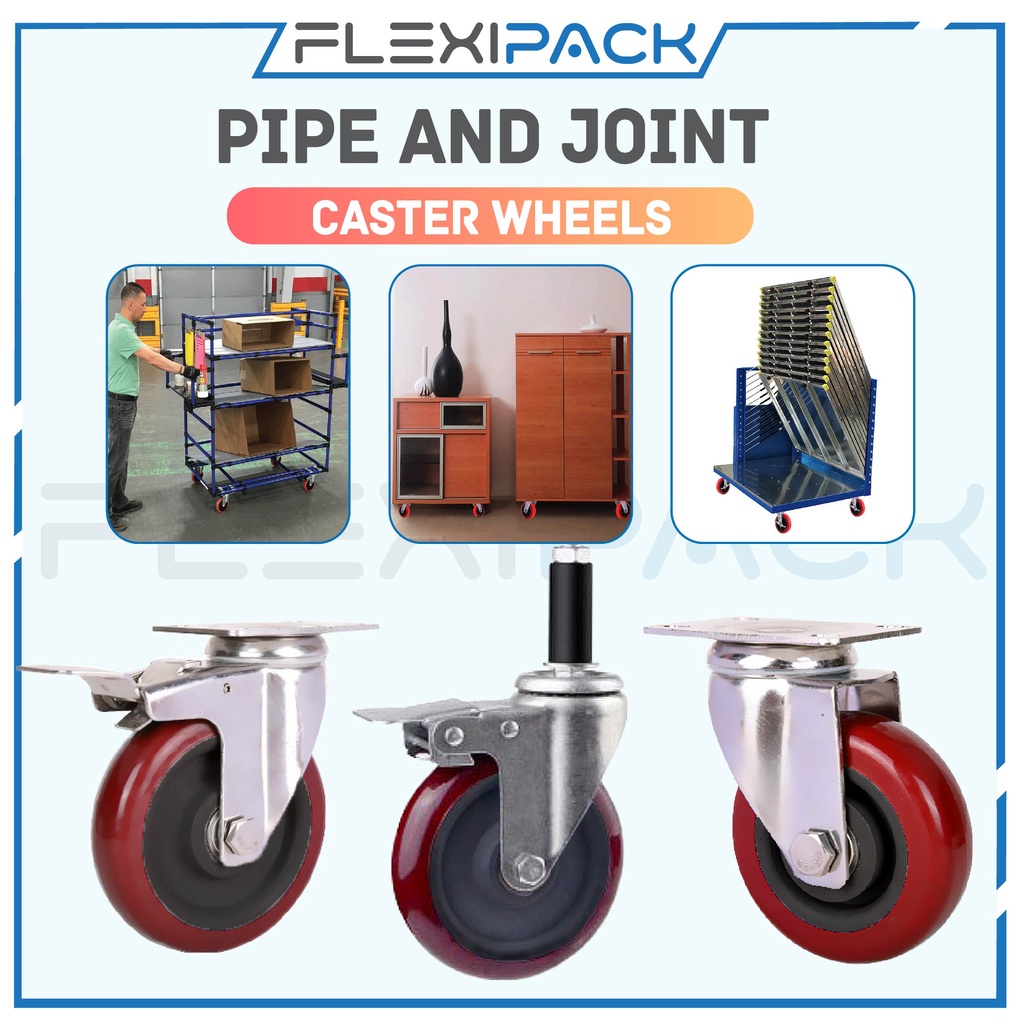 Roda Trolley Wheel RIGID 3"/4"/5" Heavy Duty Red TPU Swivel Brake ...