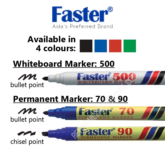 Faster Permanent 70,90 & Whiteboard 500 Marker Black/Blue/Red/Green ...