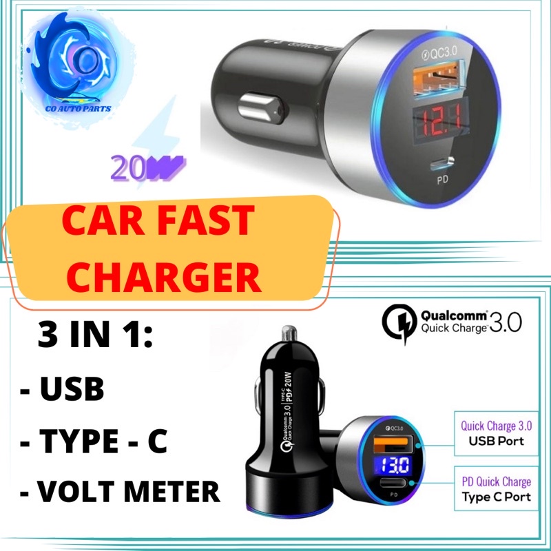 Qualcomm Car Charger with Dual Ports USB / Type C / Digital Display ...