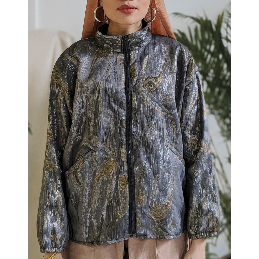 Grey Silver Songket Bomber Jacket | Shopee Malaysia