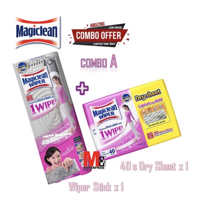 Magiclean Wiper Mop Stick Set + Refill 40's dry sheet + 8's wet sheet ...