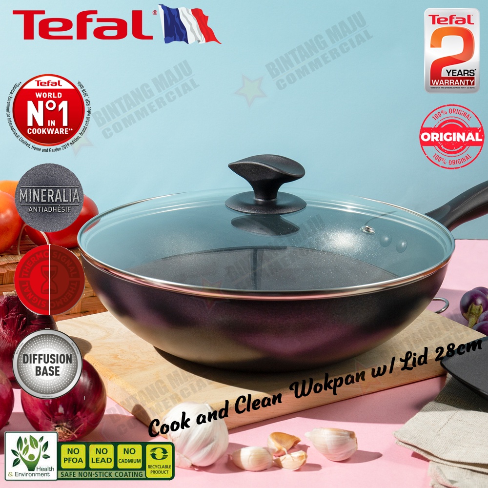 Tefal Cookware Cook & Clean Wokpan 28cm W/Lid (B22572) | Shopee Malaysia