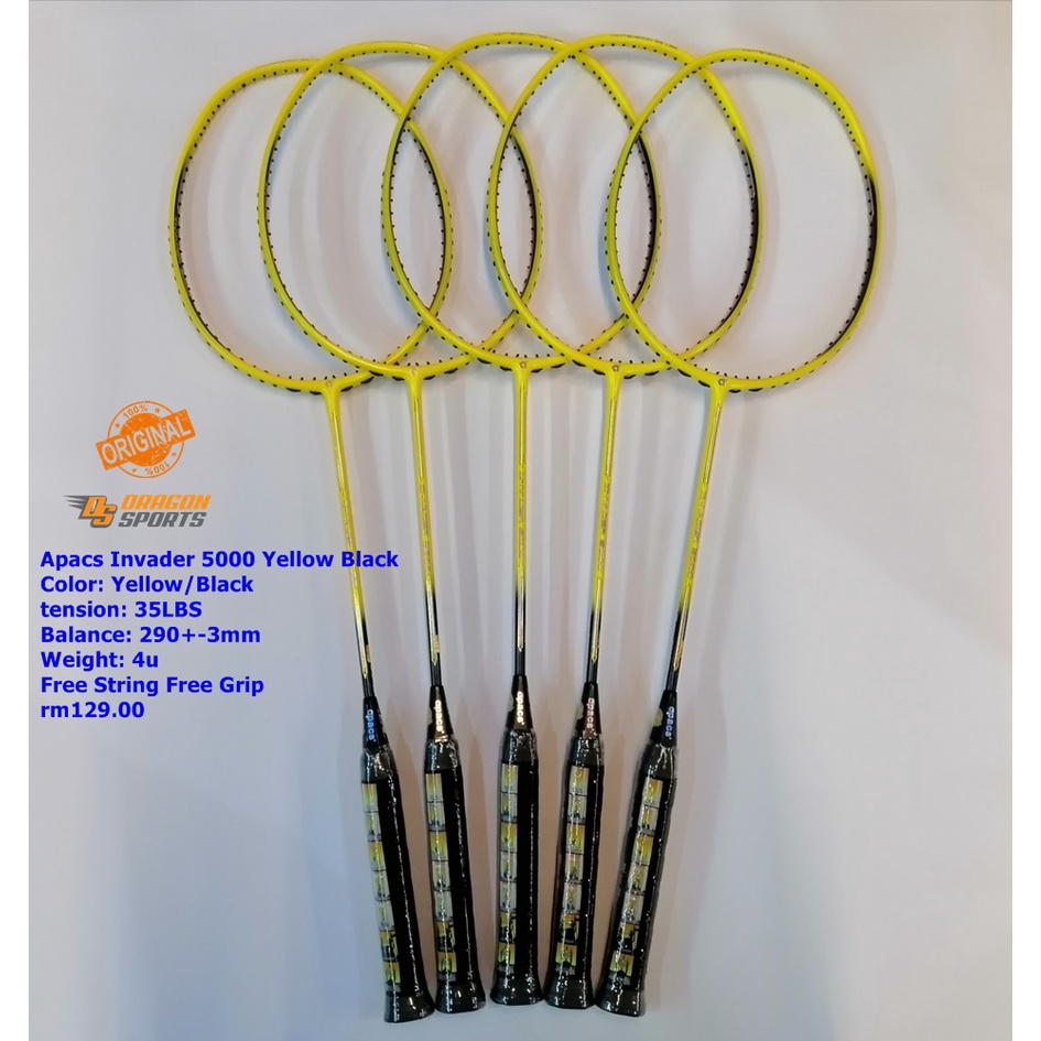 Apacs Invader 5000 Yellow Black color with string and grip 100% ...