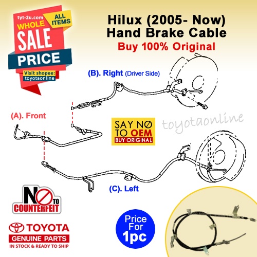 (100% Original) Hilux (2005-) Hand Brake Cable Front Rear 46410-0K041 ...