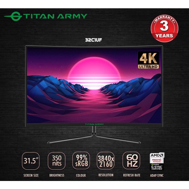 TITAN ARMY 32” UHD 4K R1500 Curved 60Hz Monitor (32C1UF) | Shopee Malaysia