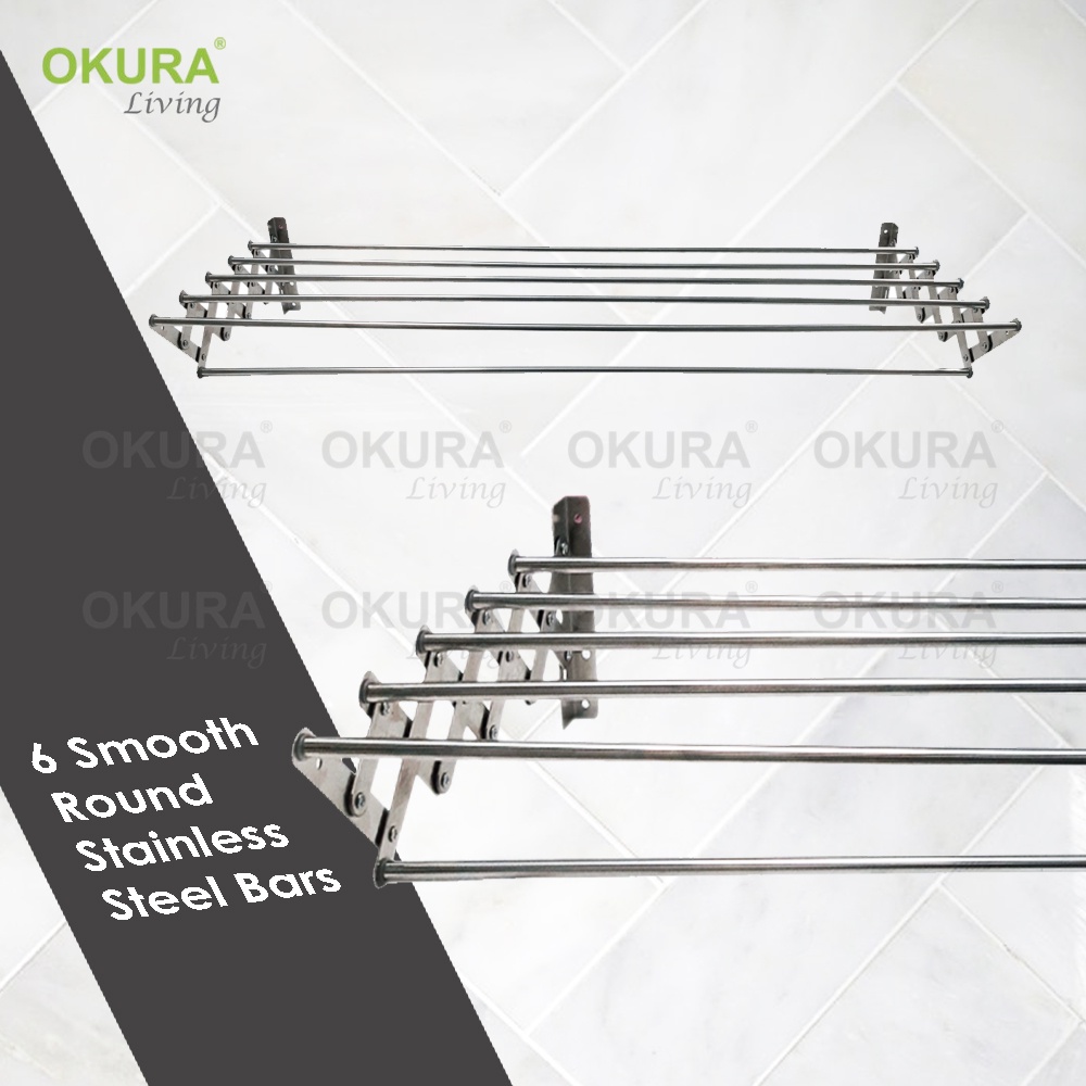 OKURA 6 Bar Retractable Cloth Hanger Stainless Steel Ampaian Baju Wall Mounted Clothes Drying ...