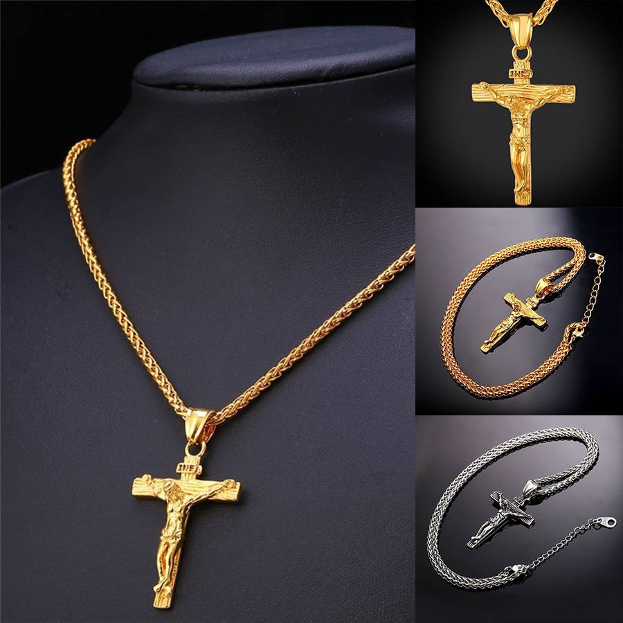 Cross Pendant Necklace Jesus gold men's stainless steel chains ...