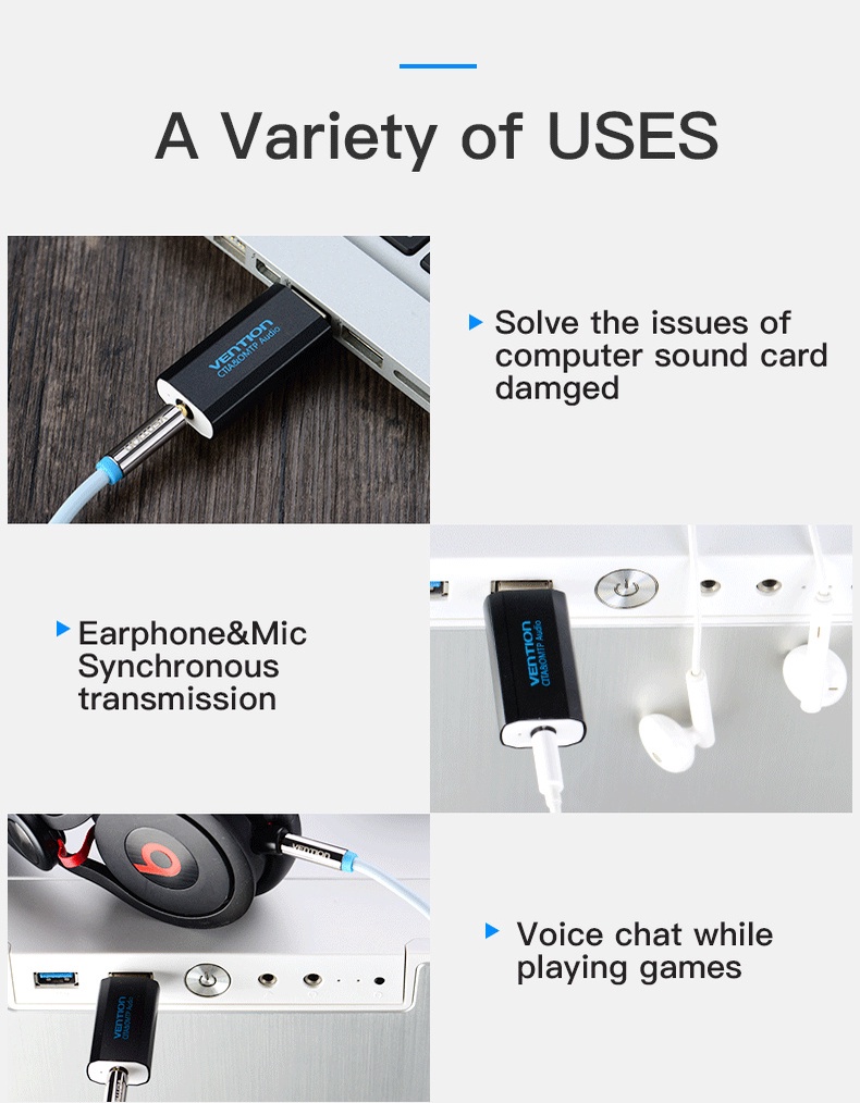 Vention USB Sound Card 2-in-1 External USB Audio Adapter with 3.5mm Aux ...