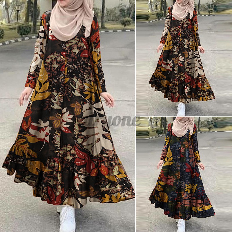 Zanzea Women Casual Long Sleeve Printed Vintage Ruffled Muslim Maxi