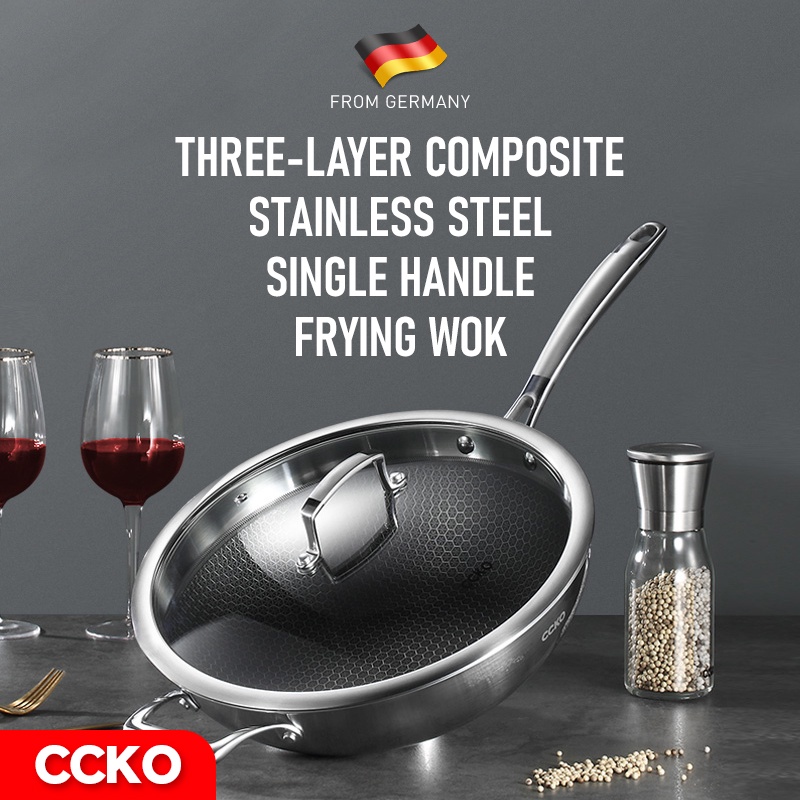 CCKO 316 Stainless Steel Medical Grade Non-stick Frying Wok (Lid included) with Honeycomb Lining ...