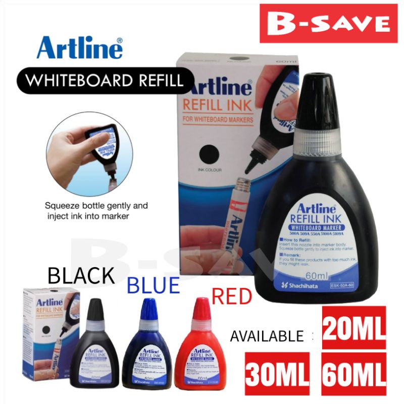 Artline Whiteboard Ink Refill 20ml 30ml 60ml Black Blue Red ( For ...