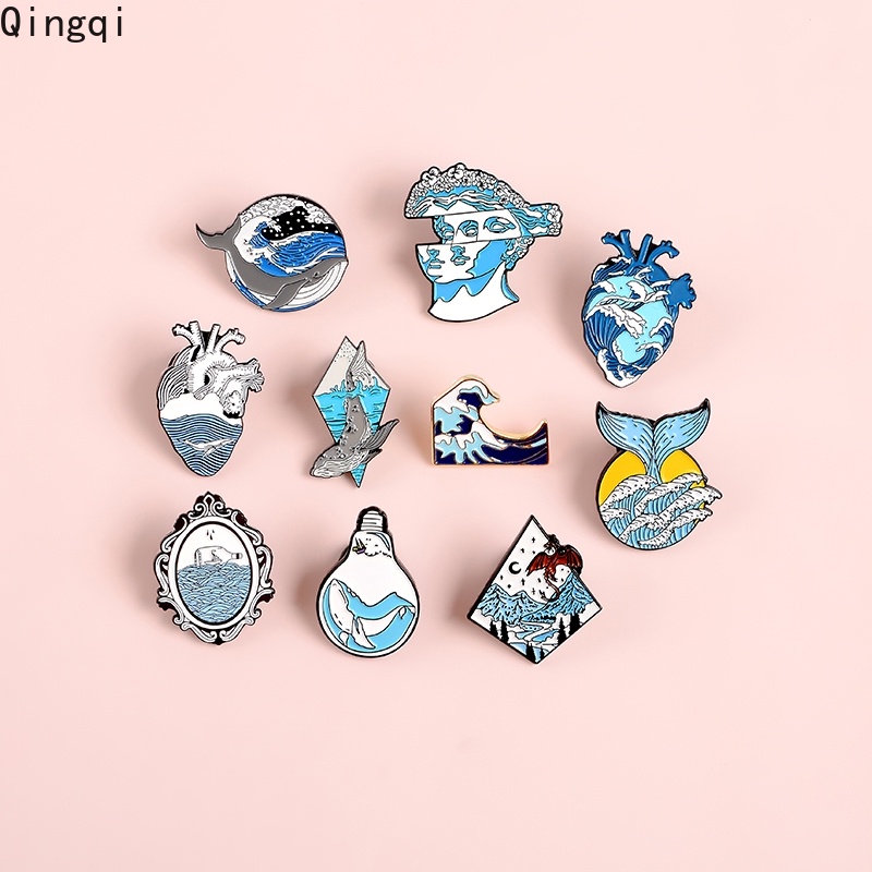 Ocean Enamel Pins Collections Dragon Plaster Model Whale Blue Sea Wave ...
