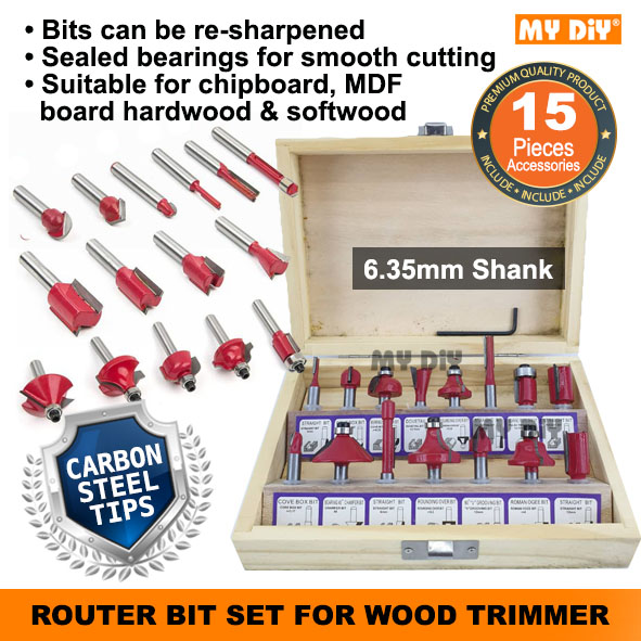 MYDIYHOMEDEPOT - 15pcs Router Bit Set For Wood Trimmer Machine 6.35mm 1 ...