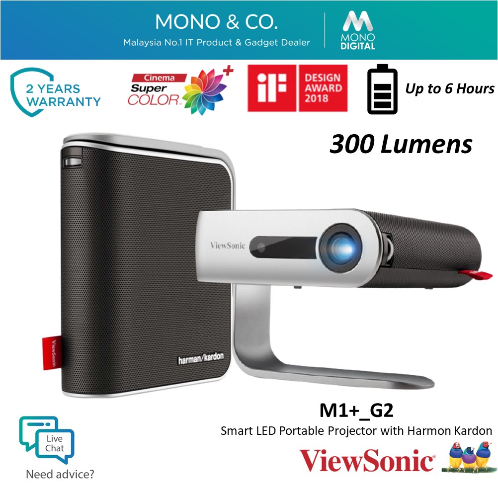 Viewsonic M1+ G2 300 Lumens Smart LED Portable Projector with Built in ...