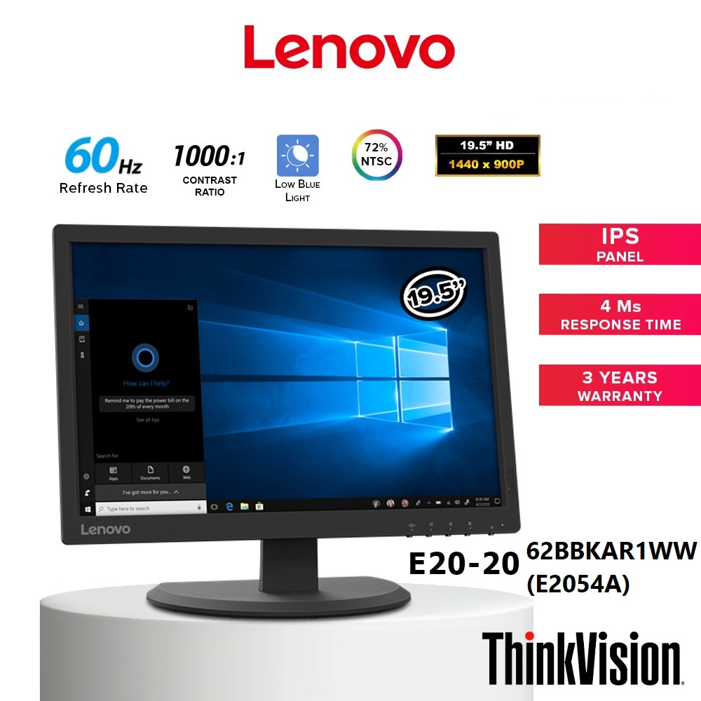 Lenovo 19.5" ThinkVision E20-20 IPS 4ms 60Hz LCD Monitor - 62BBKAR1WW ...