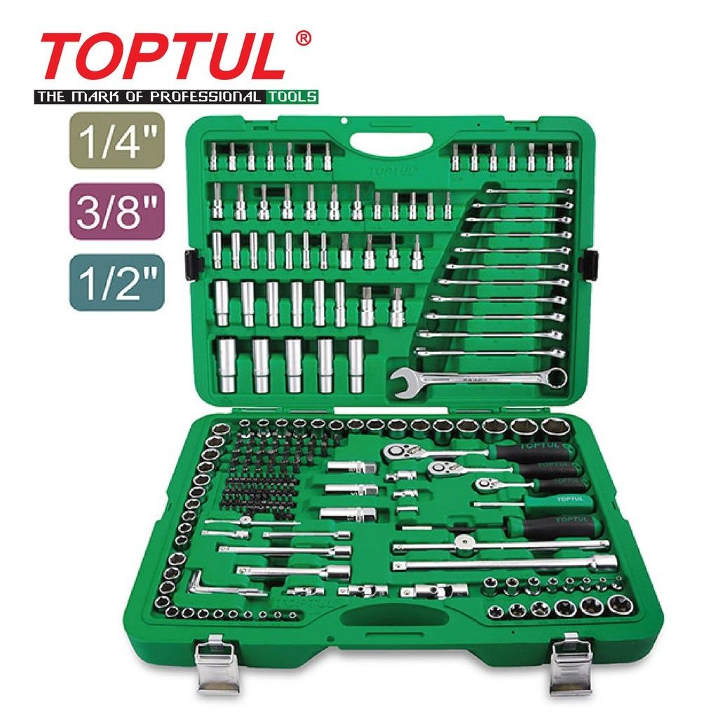 TOPTUL 216PCS 1/4", 3/8" & 1/2" DR. Flank Socket Wrench Set GCAI216R ...
