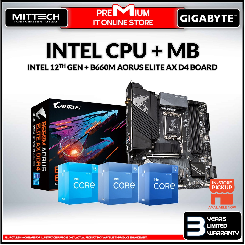 Gigabyte B660M Aorus Elite AX DDR4 Motherboard + Intel Core 12th Gen Processor | I3 12100 | I5 ...