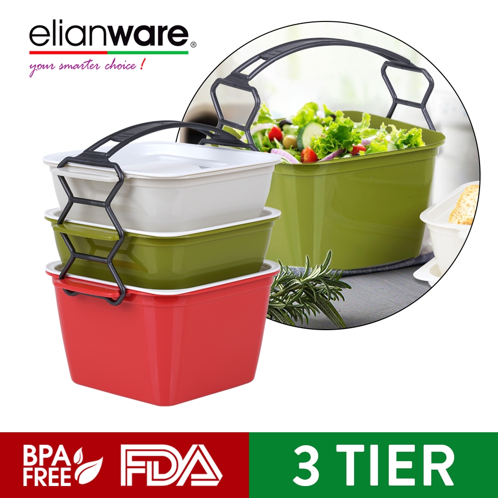 Elianware 3 Layer Tier Microwaveable [BPA FREE] Square Tiffin Food ...