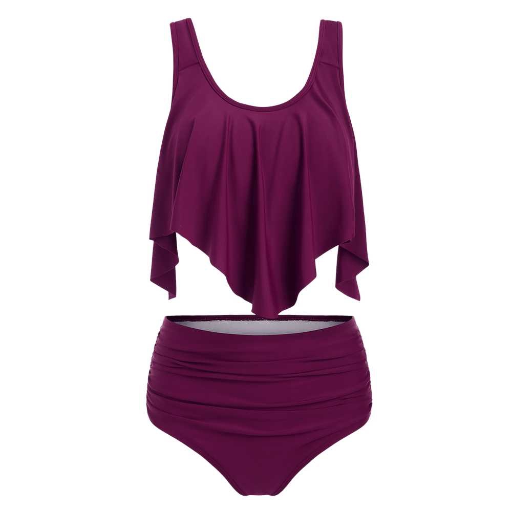Flounces Layered Solid Tankini Set (Plum Velvet) | Shopee Malaysia