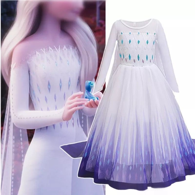 DISNEY FROZEN 2 PRINCESS ELSA WHITE LONG SLEEVE DRESS COSPLAY COSTUME ...