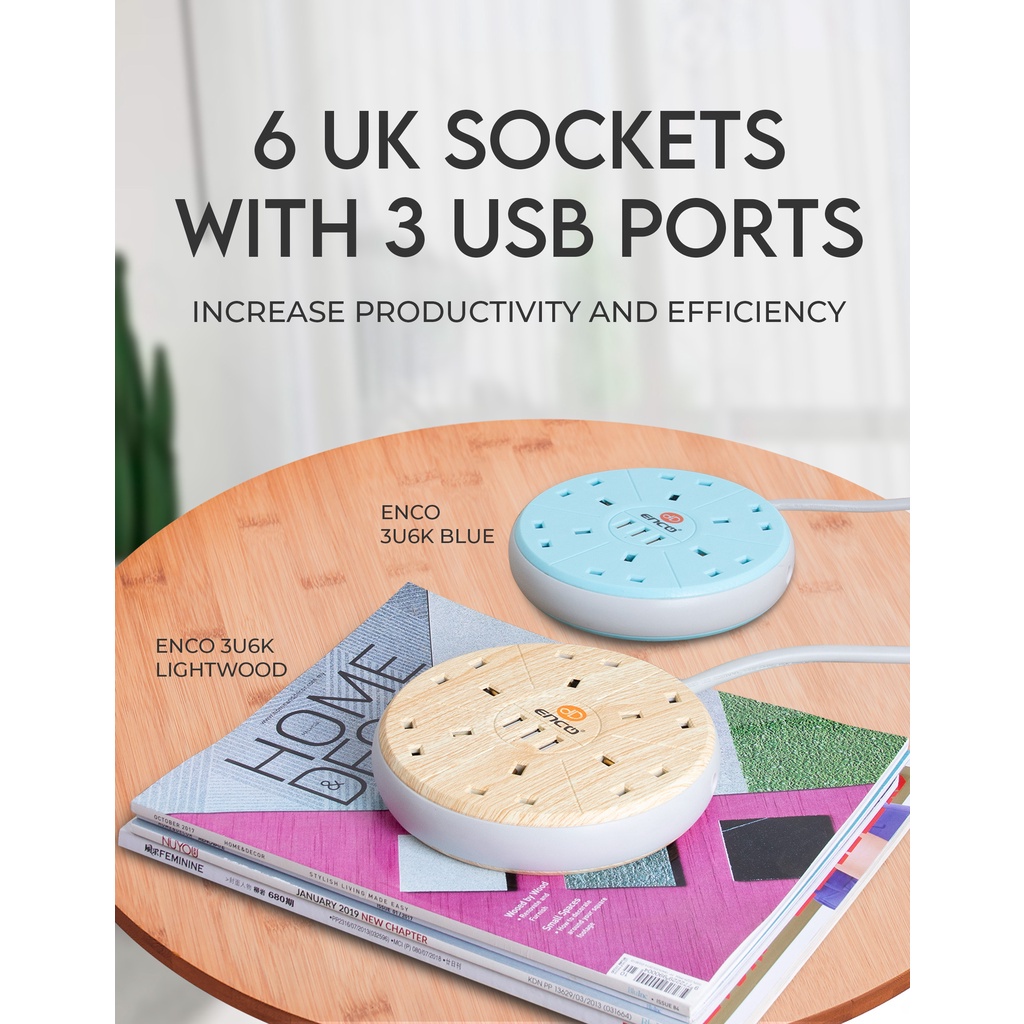 ENCO Smart Extension Plug Surge Overload Protector 6 Gang 3 USB Socket ...